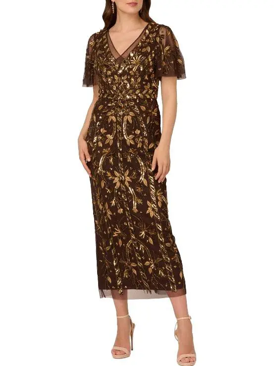 Adrianna Papell Embellished Flutter Sleeve Cocktail Dress - Chocolate