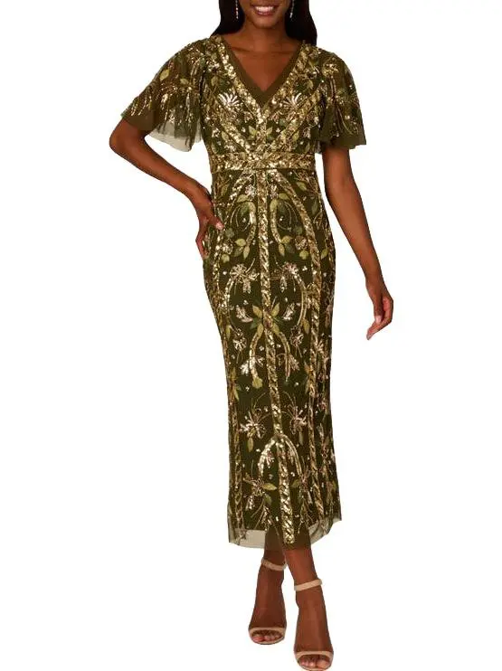 Adrianna Papell Embellished Flutter Sleeve Cocktail Dress - Olive