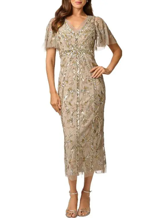 Adrianna Papell Embellished Flutter Sleeve Cocktail Dress - Platinum