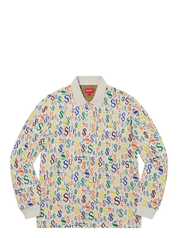 Supreme Currency Jacquard Zip Long-sleeve Polo - White
