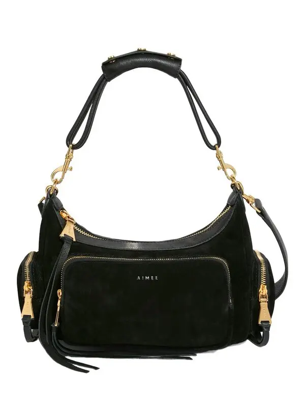AIMEE Away We Go Suede Shoulder Bag - Black Suede/nostalgic Gold