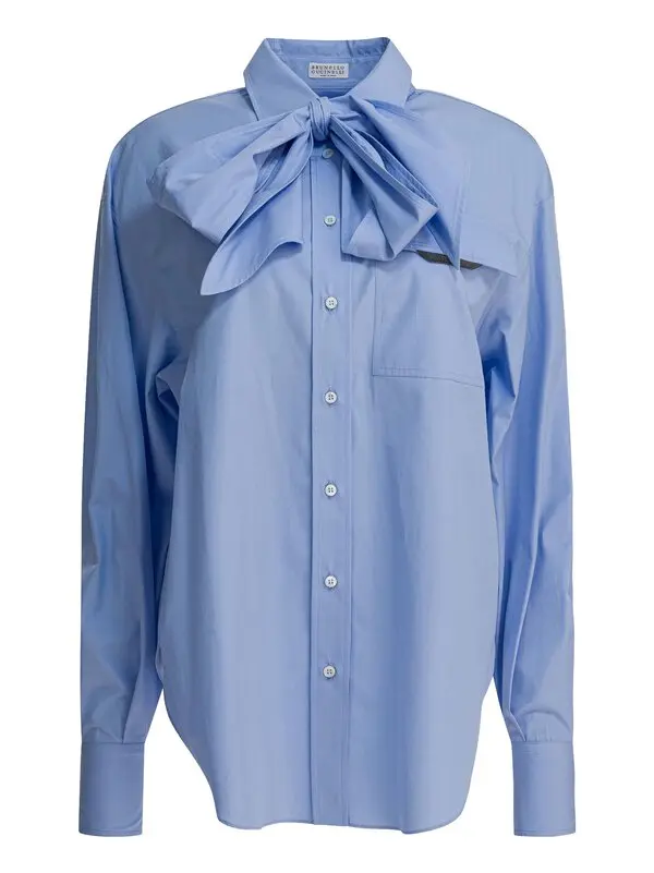 Brunello Cucinelli Collared Shirt With Bow - Light Blue