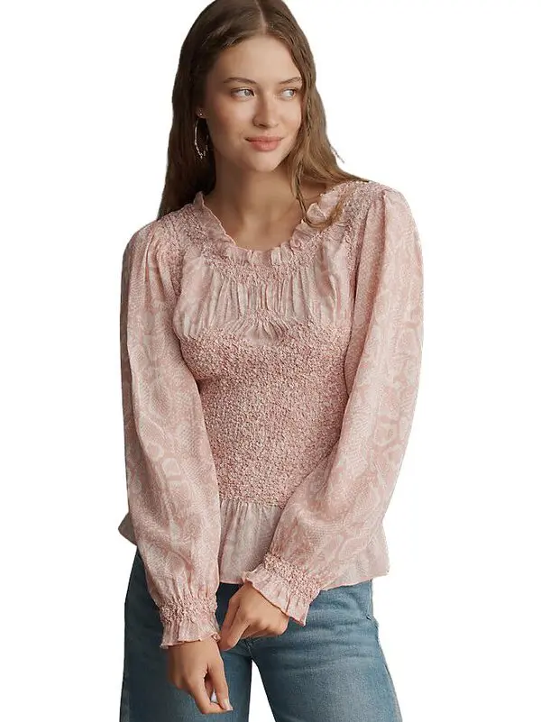Anthropologie Balloon-sleeve Smocked Peplum Blouse - Pink