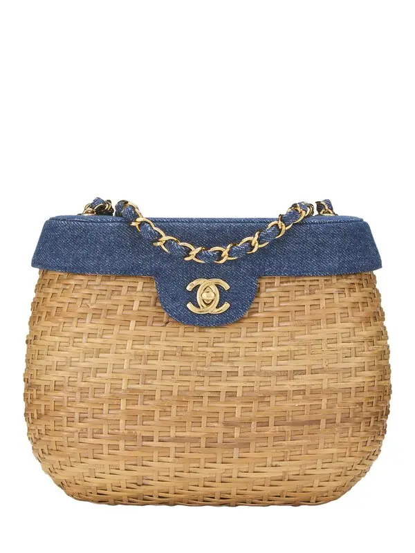 Chanel Wicker Basket Bag With Denim Flap - Blue