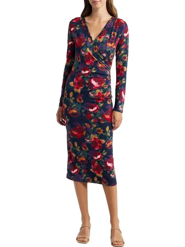 Loveappella Floral Faux Wrap Midi Dress - Blue Multi