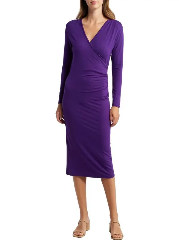 Loveappella Long Sleeve Faux Wrap Midi Dress - Dark Purple