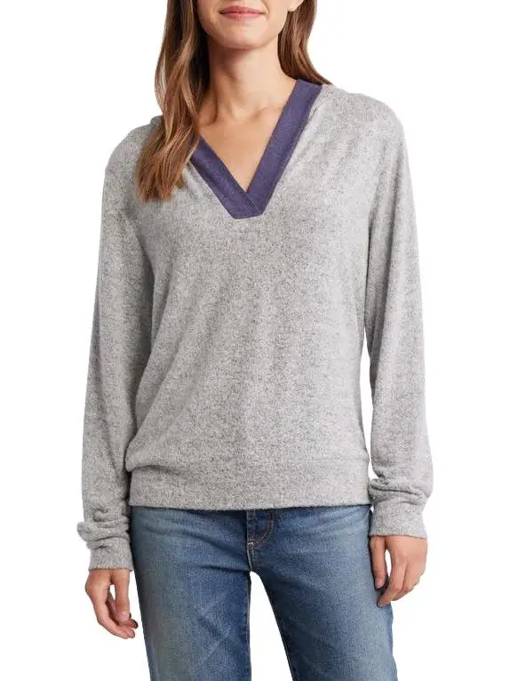 Loveappella Hooded V-neck Pullover - Gray/navy