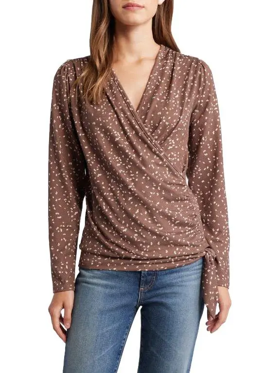 Loveappella Dot Print Faux Tie Wrap Top - Taupe/nat