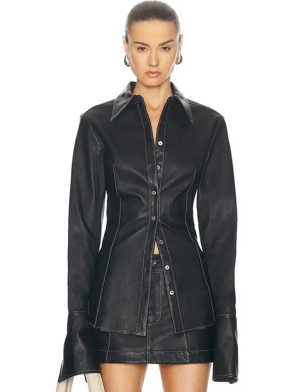 PRISCAVERA Stretch Leather Button Down Shirt - Black