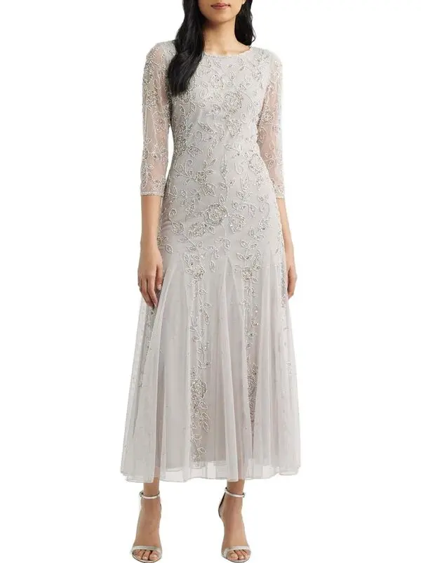 Pisarro Nights Beaded Tulle A-line Gown - Silver
