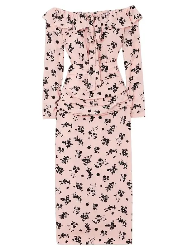 Alessandra Rich Off-the-shoulder Floral-print Silk Crepe De Chine Midi Dress - Pink