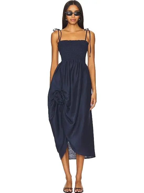 Sleeper Atlanta Linen Strap Dress With Rose Detail - Navy