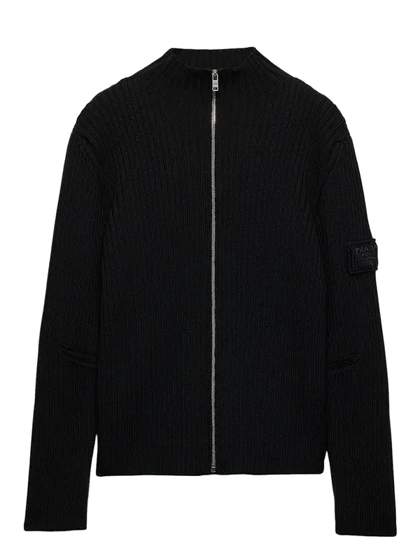 Prada Ribbed Virgin Wool Zip-up Sweater - Nero