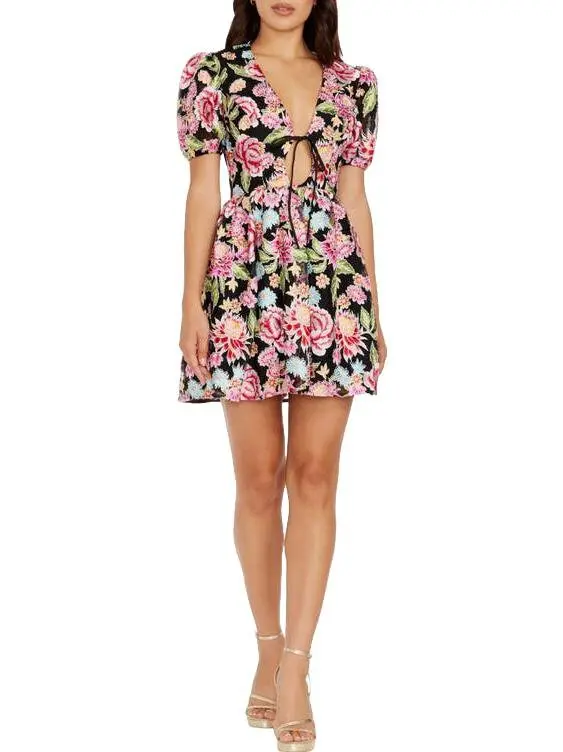 Dress The Population Marina Floral Embroidered Fit & Flare Minidress - Pink Rose Multi