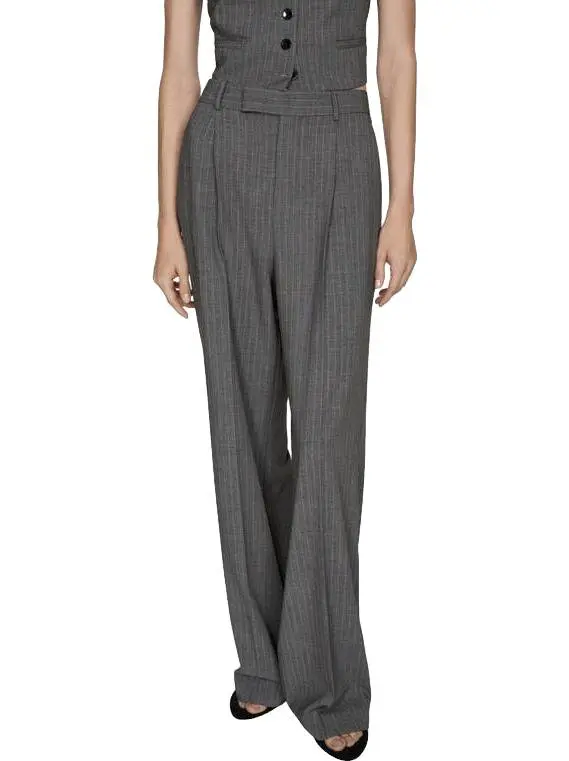 Mango Pinstripe Pleat Front Wide Leg Trousers - Grey
