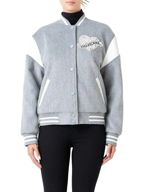 Endless Rose Beaded Patch Detail Bomber Jacket - Heather Grey