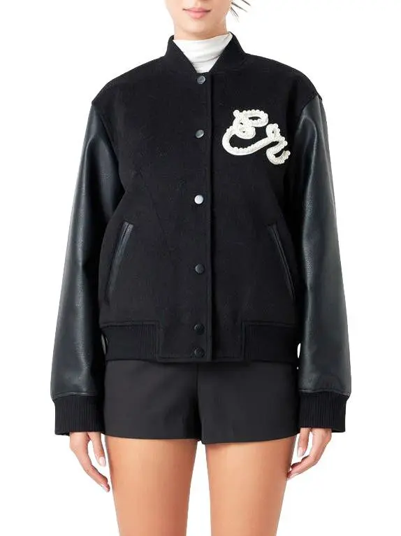 Endless Rose Imitation Pearl Detail Bomber Jacket - Black