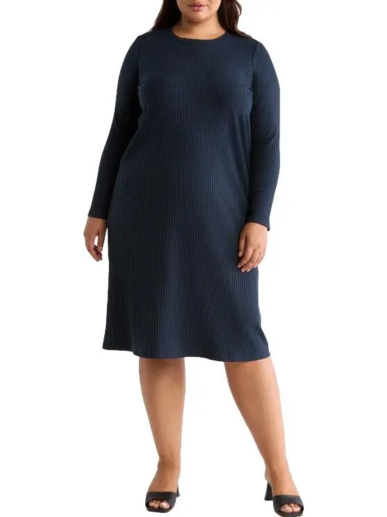 Eileen Fisher Ribbed Crewneck Long Sleeve Dress - Deep Adriatic