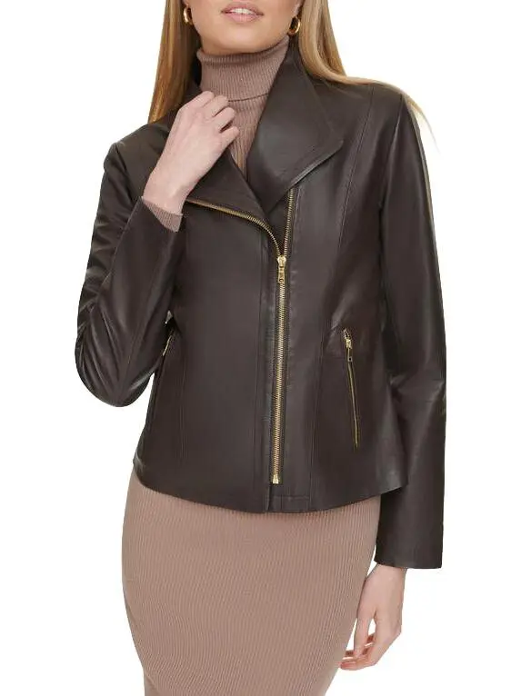 Cole Haan Asymmetric Zip Leather Jacket - Espresso
