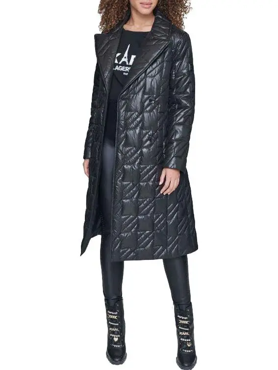 Karl Lagerfeld Paris Houndstooth Quilted Tie Belt Double Breasted Trench Coat - Black
