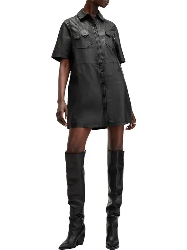 ALLSAINTS Rock Western Leather Mini Shirtdress - Black
