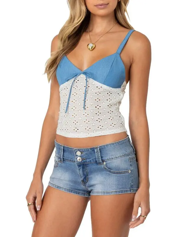 EDIKTED Denim And Eyelet Crop Camisole - Blue-and-white