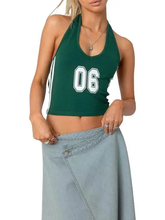 EDIKTED Varsity Crop Halter Top - Green
