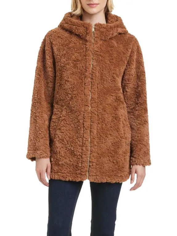 Sanctuary Textured Faux Fur Hooded Jacket - Camel