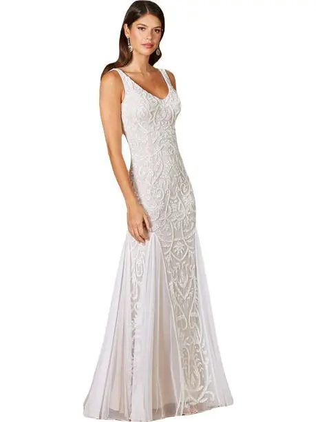LARA NEW YORK Greta Beaded V-neck Wedding Dress - Nudeivory