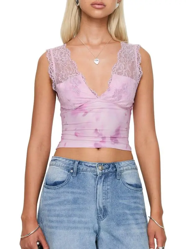 Princess Polly Print Lace Trim Tank Top - Pink