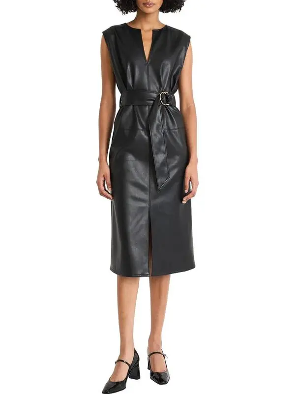 LUXELY Faux Leather Belted Midi Sheath Dress - Black