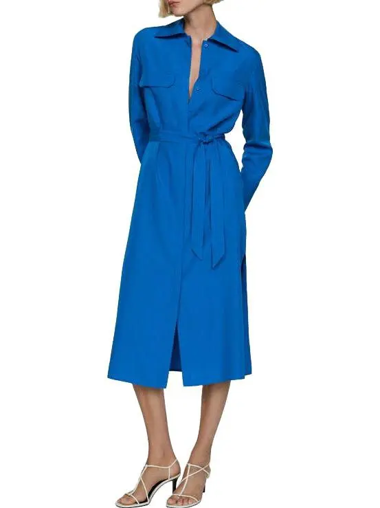 Mango Long Sleeve Belted Shirt Dress - Blue