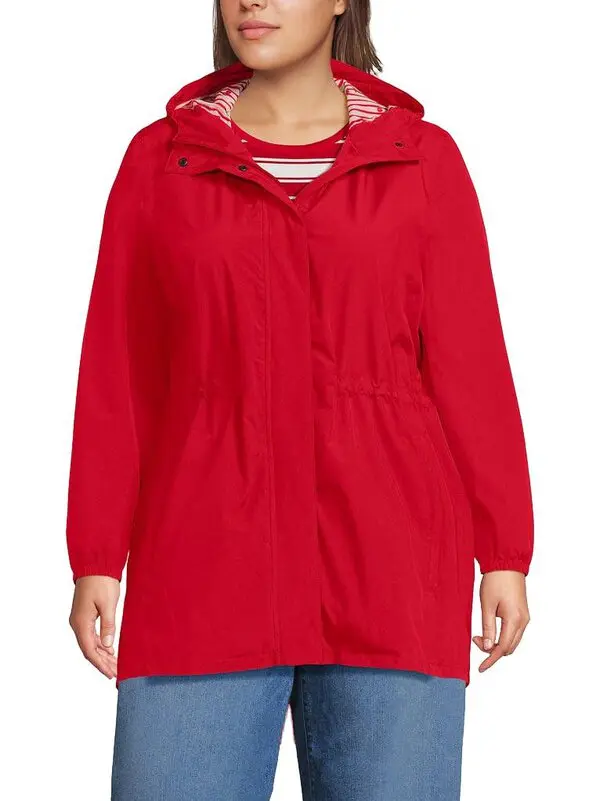 LANDS' END Print Waterproof Hooded Packable Raincoat - Compass Red/cherries