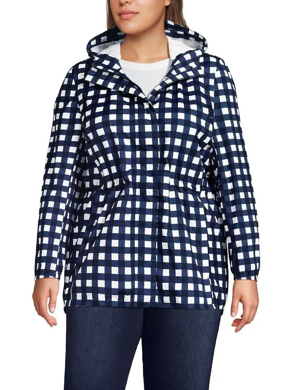 LANDS' END Print Waterproof Hooded Packable Raincoat - Deep Sea Gingham