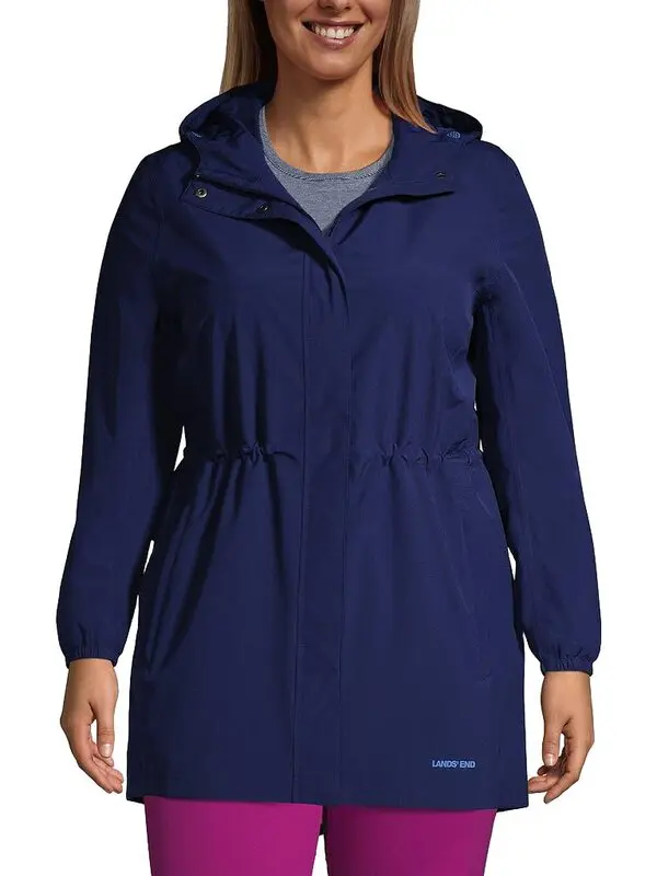LANDS' END Print Waterproof Hooded Packable Raincoat - Deep Sea Navy