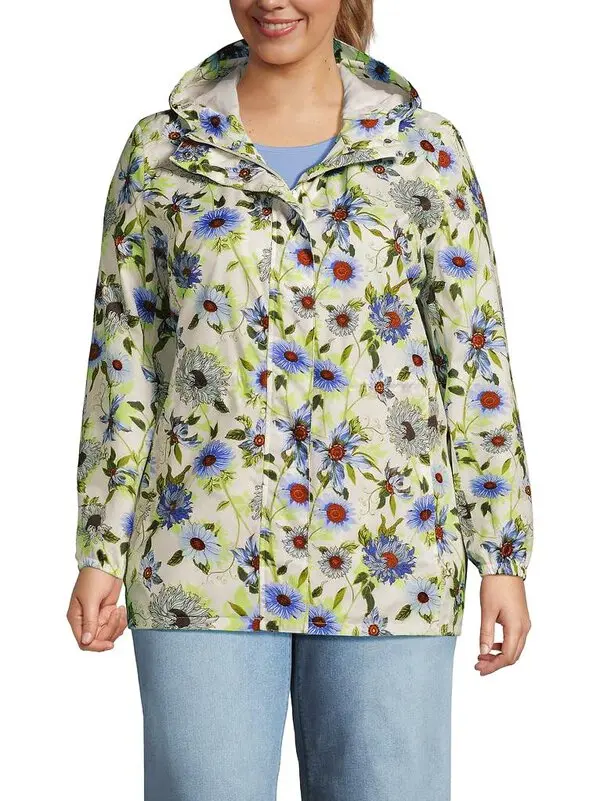 LANDS' END Print Waterproof Hooded Packable Raincoat - Pale Sky/ivory Floral