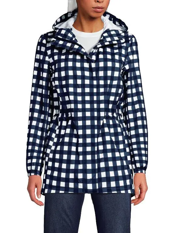 LANDS' END Squall Packable Waterproof Raincoat - Deep Sea Gingham