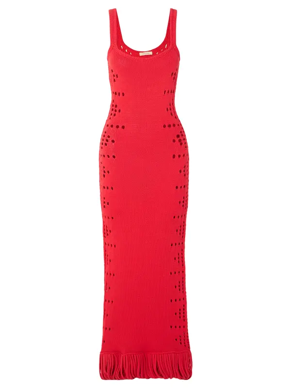 DIOTIMA Moore Fringed Pointelle-knit Cotton-blend Maxi Dress - Red