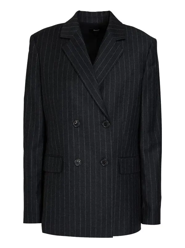 Theory Double-breasted Pinstriped Wool-flannel Blazer - Charcoal