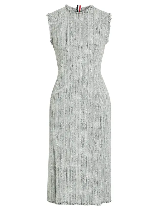 Thom Browne Frayed Metallic Tweed Midi Dress - Light Gray