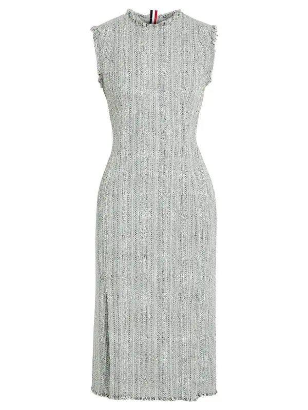 Thom Browne Frayed Metallic Tweed Midi Dress - Light Gray