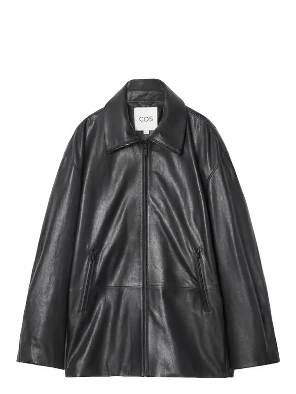 Cos Waisted Leather Trucker Jacket - Black