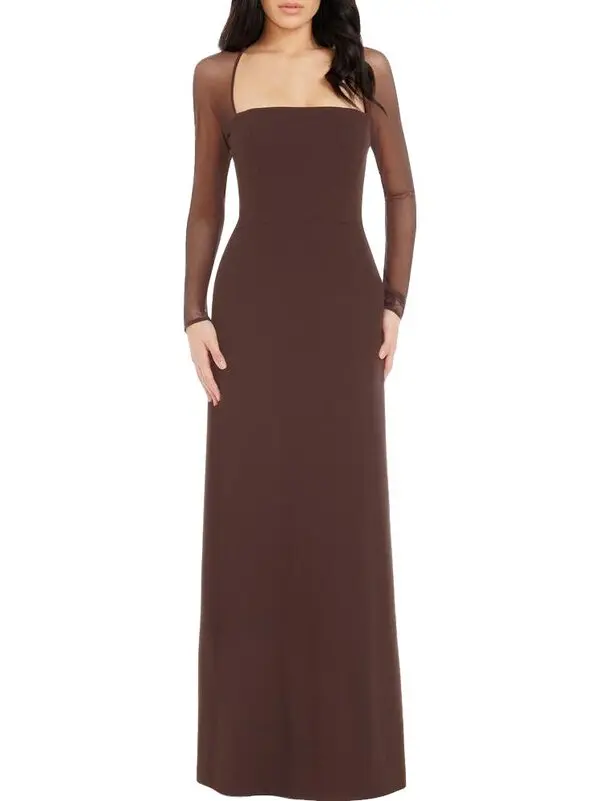 Dress The Population Maxwell Square Neck Long Sleeve Gown - Mocha