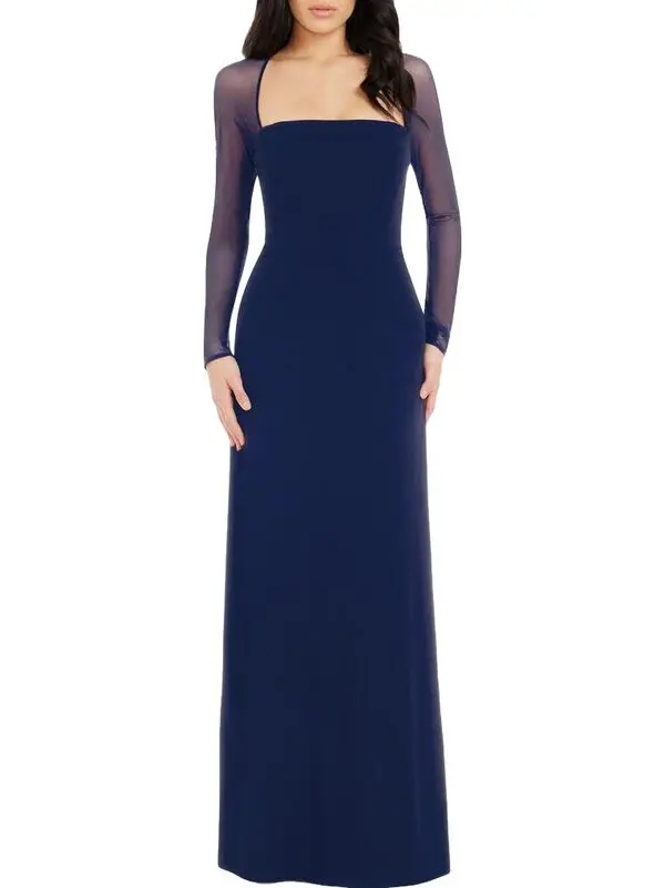 Dress The Population Maxwell Square Neck Long Sleeve Gown - Navy