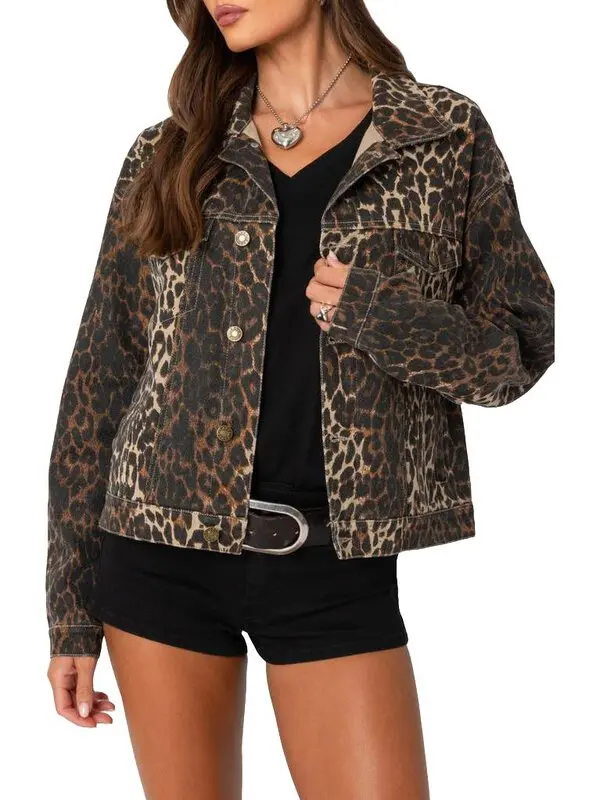 EDIKTED Print Denim Trucker Jacket - Leopard