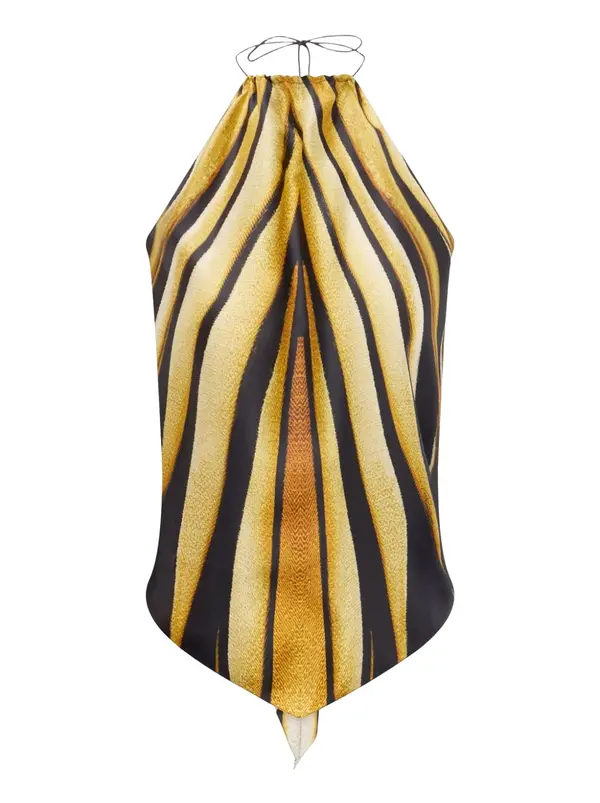 Roberto Cavalli Ray Of Print Halterneck Silk Top - Gold