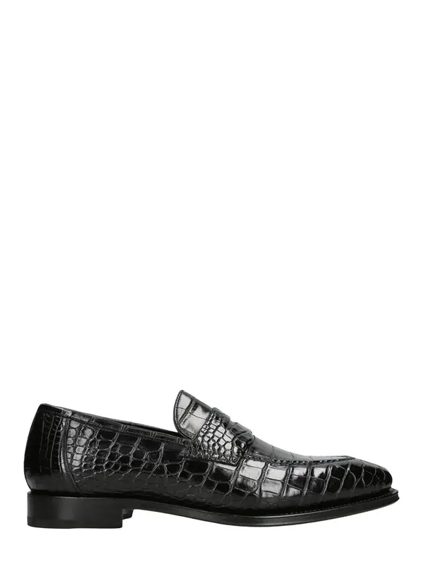 Santoni Crocodile Skin Penny Loafers - Black