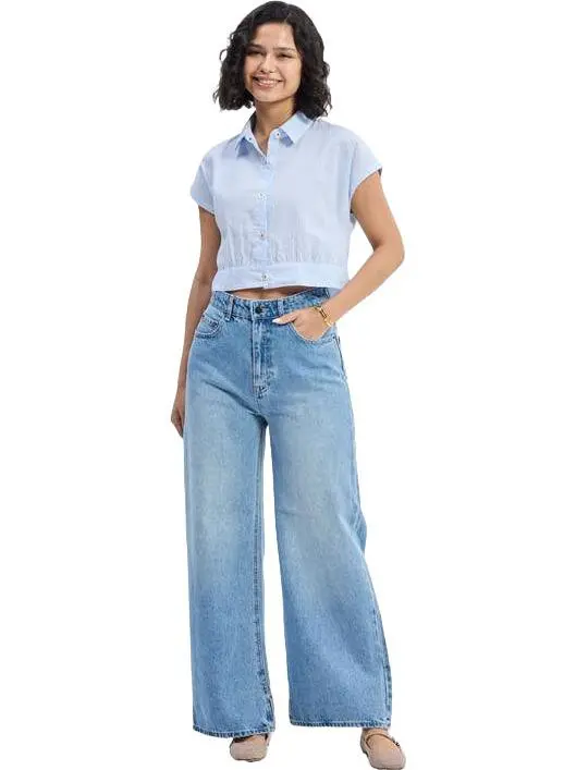 REISTOR Oversized Crop Shirt With Cinched Waist - Linear Rhythm