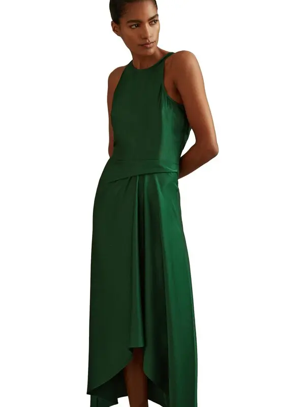 REISS Micah Satin Drape Tuck Midi Dress - Green