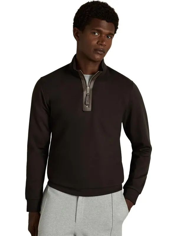 REISS Hale Leather-placket Interlock-jersey Sweatshirt - Chocolate Brown